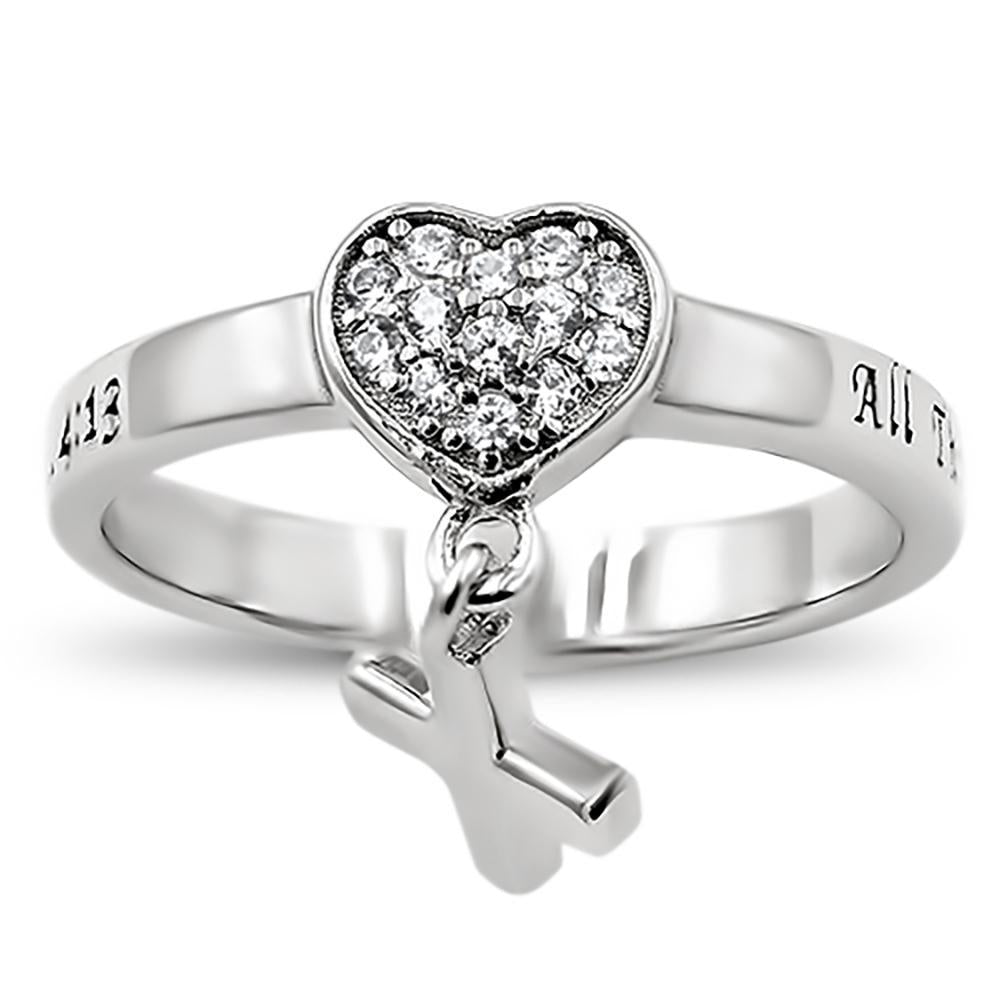 CZ Heart with Dangling Cross Silver Ring ALL THINGS THROUGH CHRIST MY ...